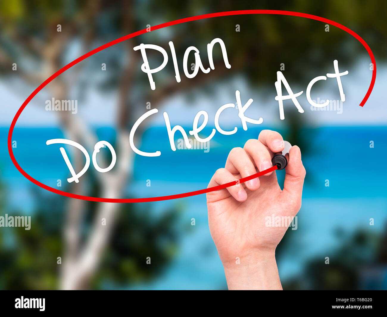 Man Hand writing Plan Do Check Act with black marker on visual screen ...