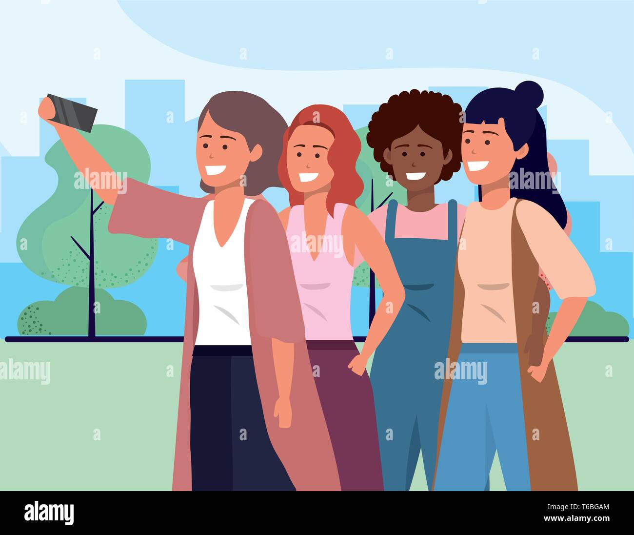 Millenial diverse group taking selfie smiling happy together wearing ...