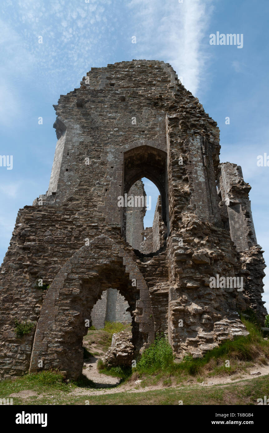 Part of the tower of the Corfe Castle, Wareham, Wiltshire, England, UK ...