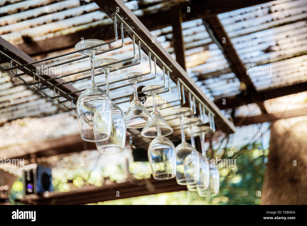 Drink glass hanging inside the beverage shop with sunlight Stock Photo ...