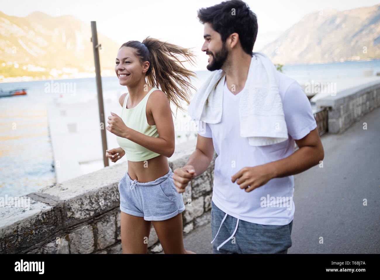 Healthy sporty lifestyle. Happy fit people friends exercising and ...