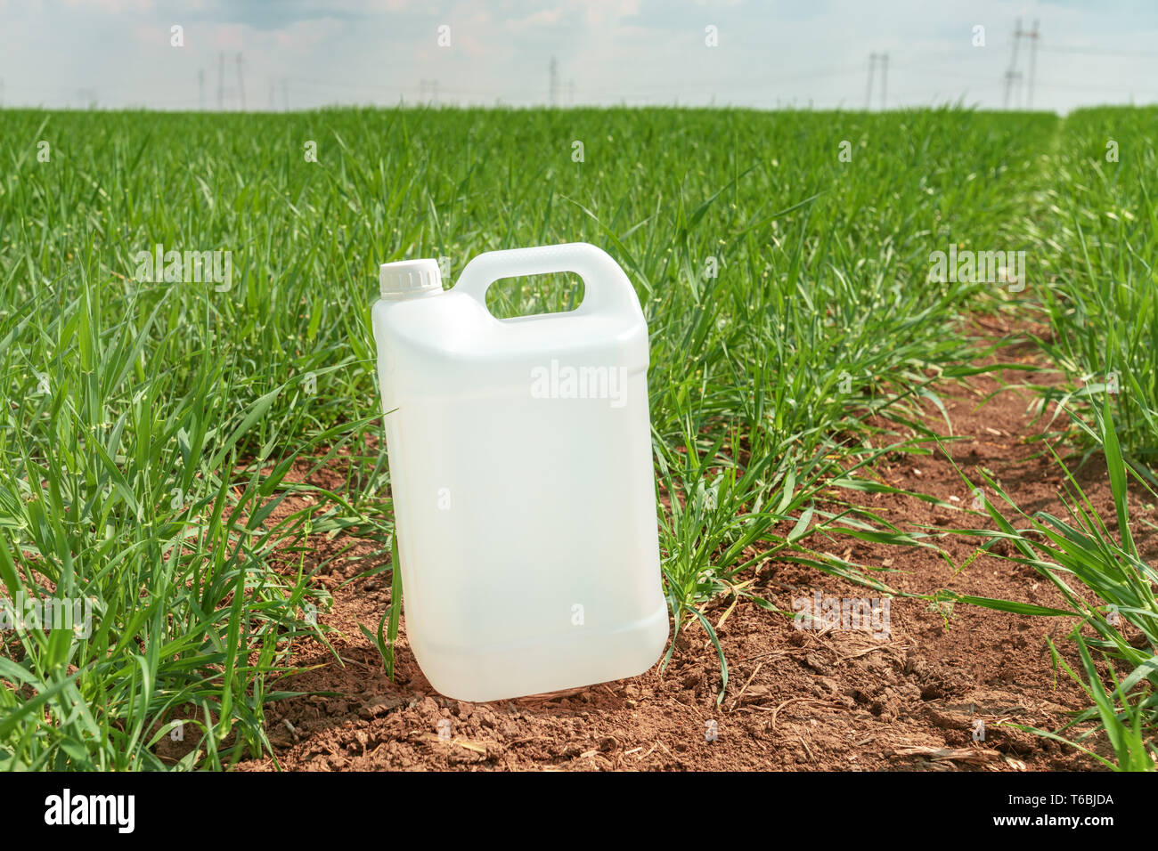 Blank pesticide jug container mock up in wheatgrass field. Using ...