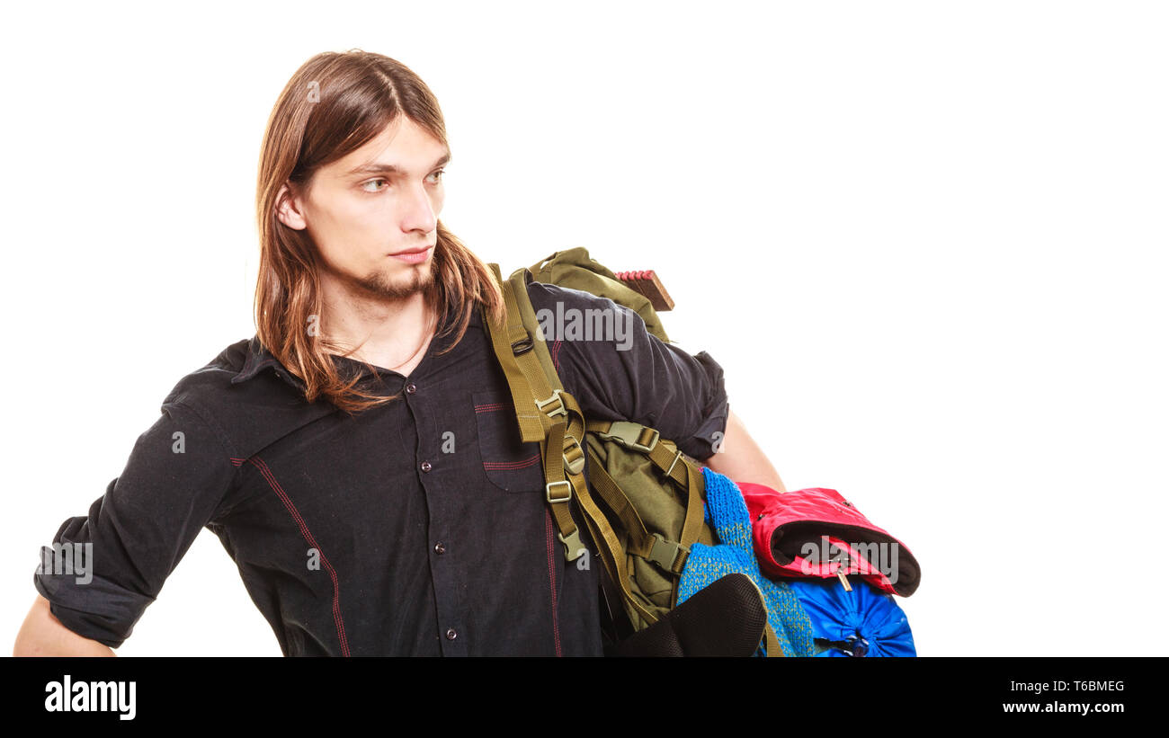 Portrait of man tourist backpacker on trip. Young guy hiker backpacking ...