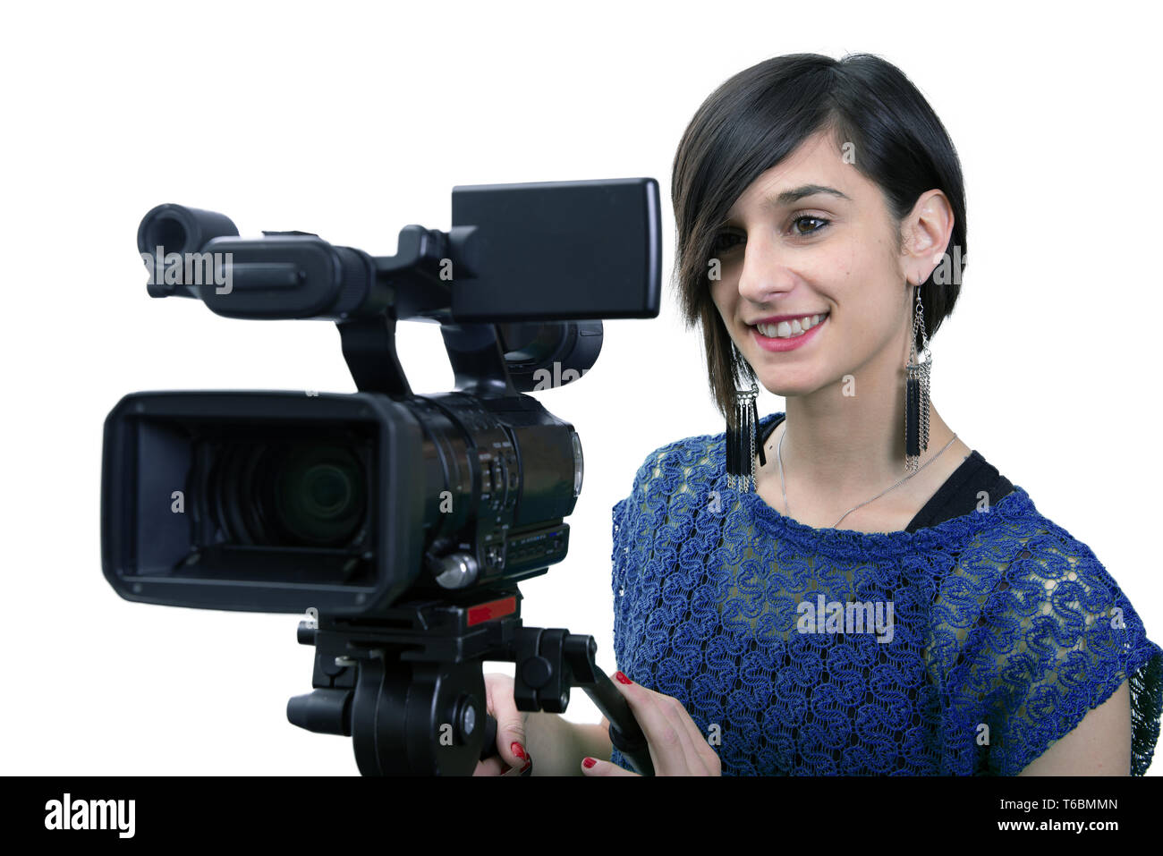 smiling young woman with professional video camera, on white Stock ...