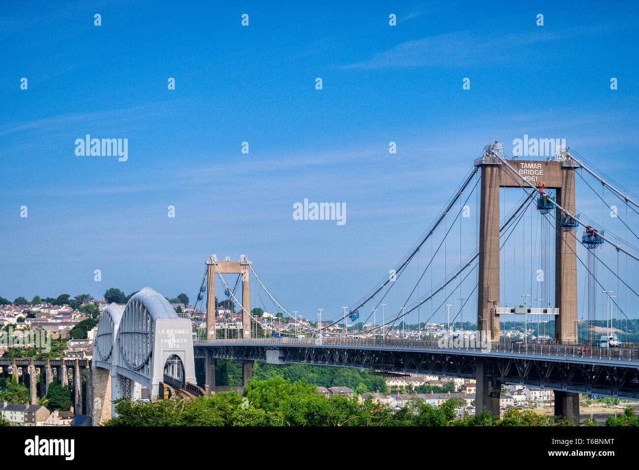 The Royal Albert Railway Bridge and beside it the Tamar Road Bridge ...