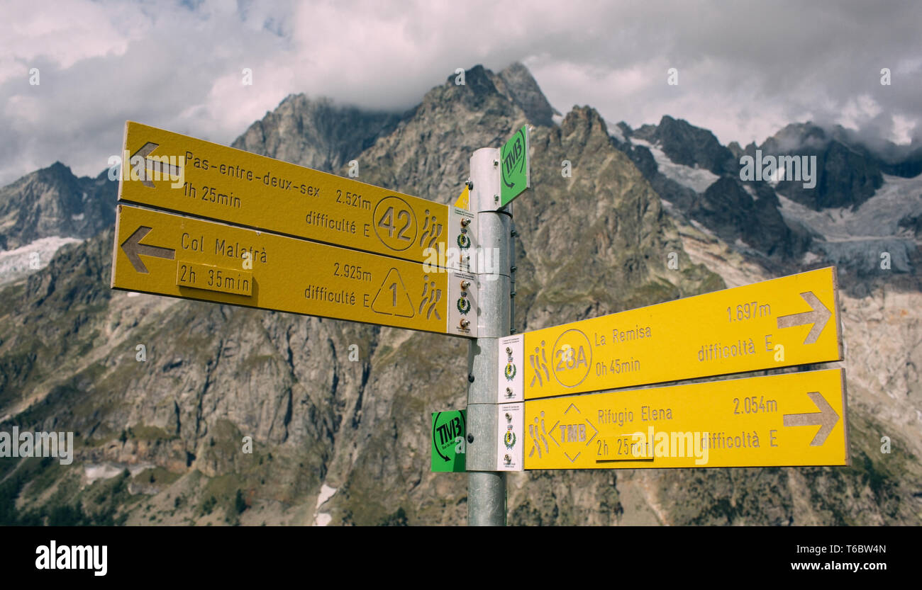 ITALY - AUGUST 29, 2018: hiking trail pointer sign direction routes ...