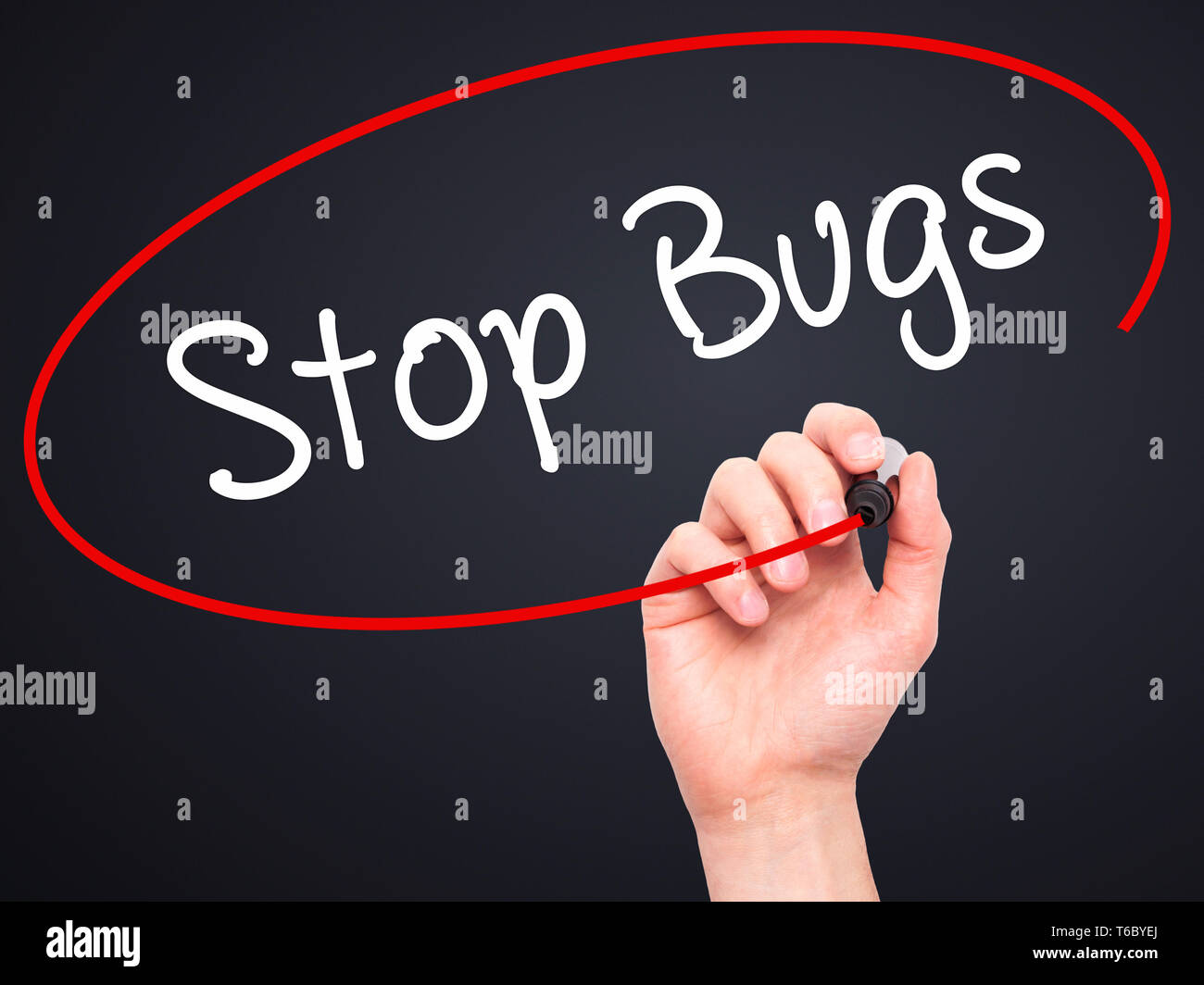 Man Hand writing Stop Bugs with black marker on visual screen Stock ...