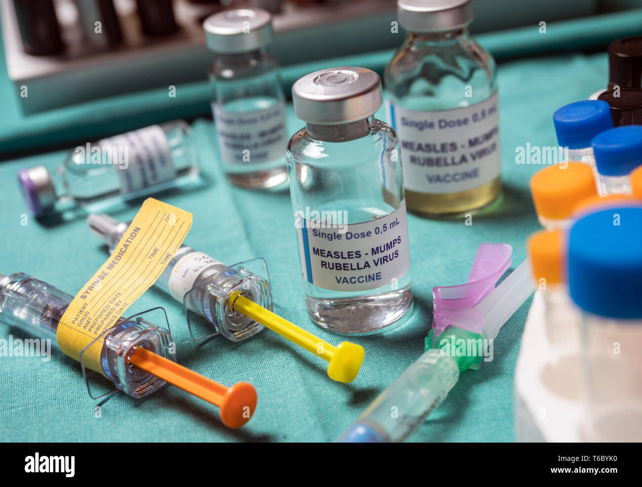 Different vials of triple viral vaccine of measles, rubella and mumps ...