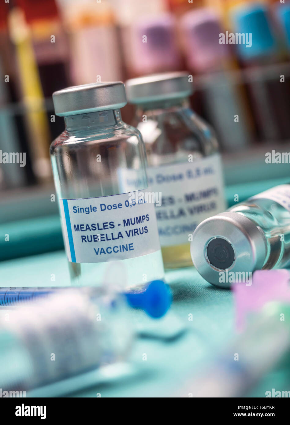 Different vials of triple viral vaccine of measles, rubella and mumps ...