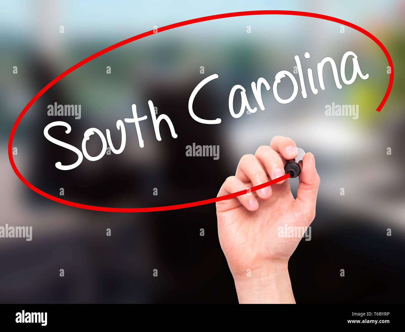 Man Hand writing South Carolina with black marker on visual screen ...