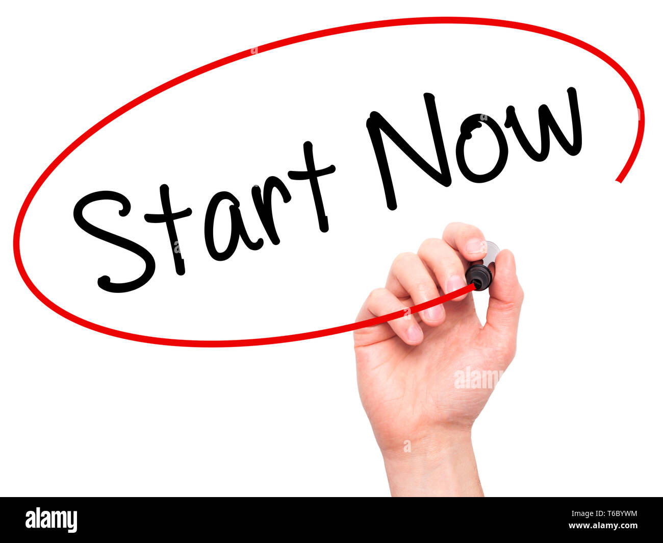 Man Hand writing Start Now with black marker on visual screen Stock ...