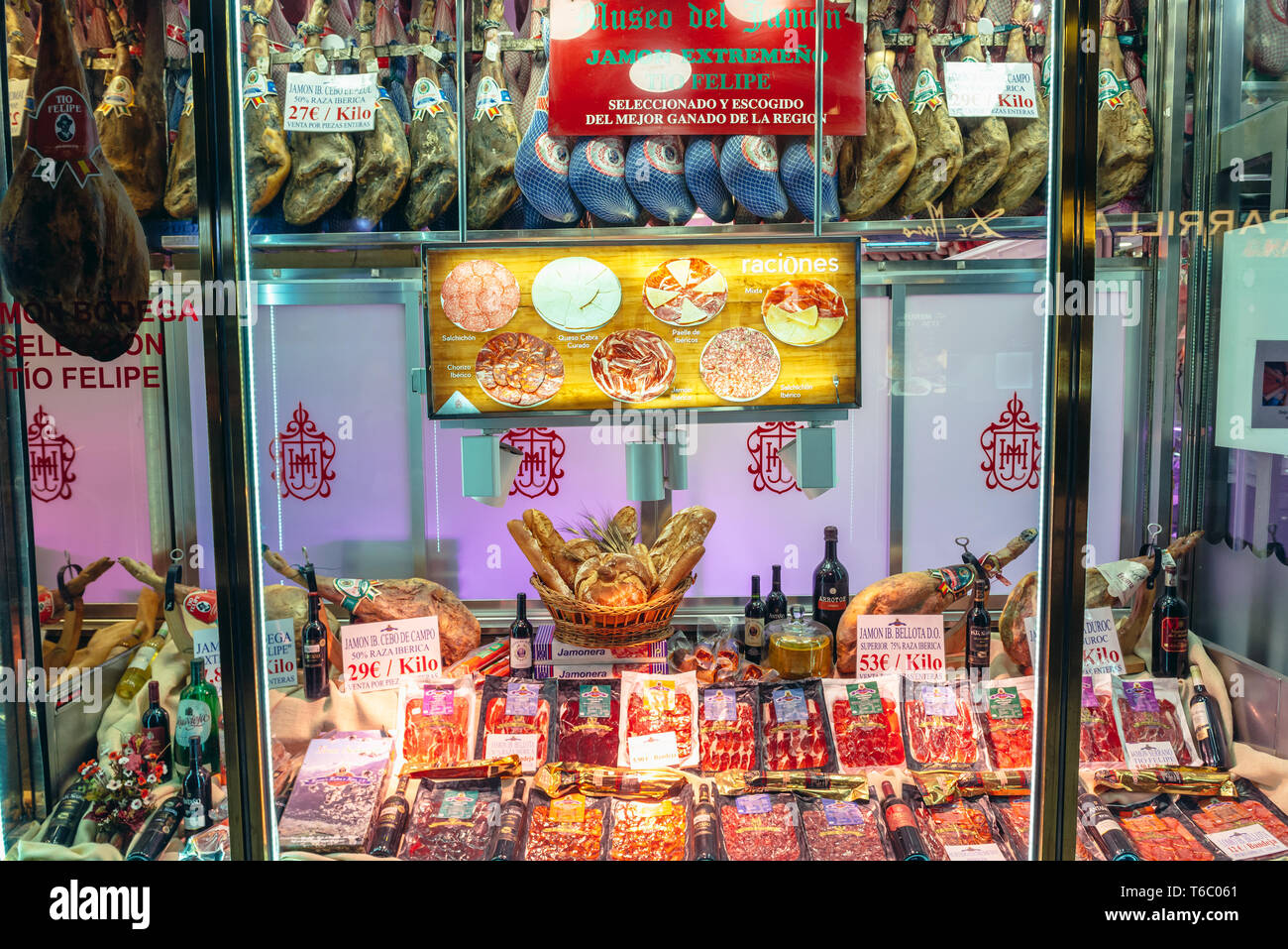 Shop window of Museo del Jamon bar and restaurant in Madrid, Spain ...