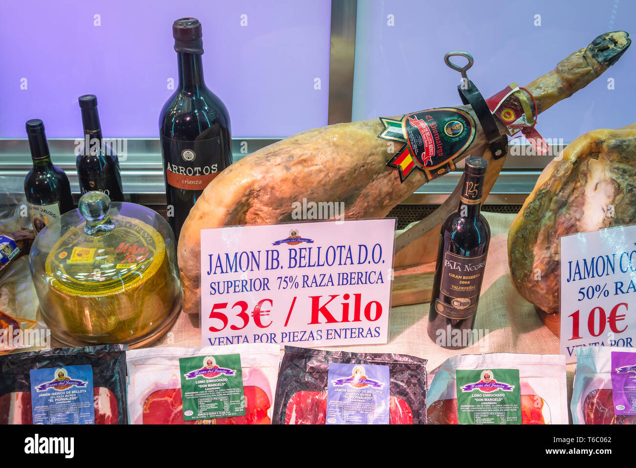 Shop window of Museo del Jamon bar and restaurant in Madrid, Spain ...