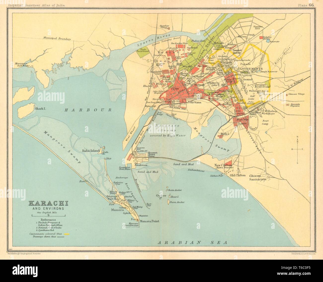 Karachi town city plan. Buildings & Cantonment. Pakistan. British India ...