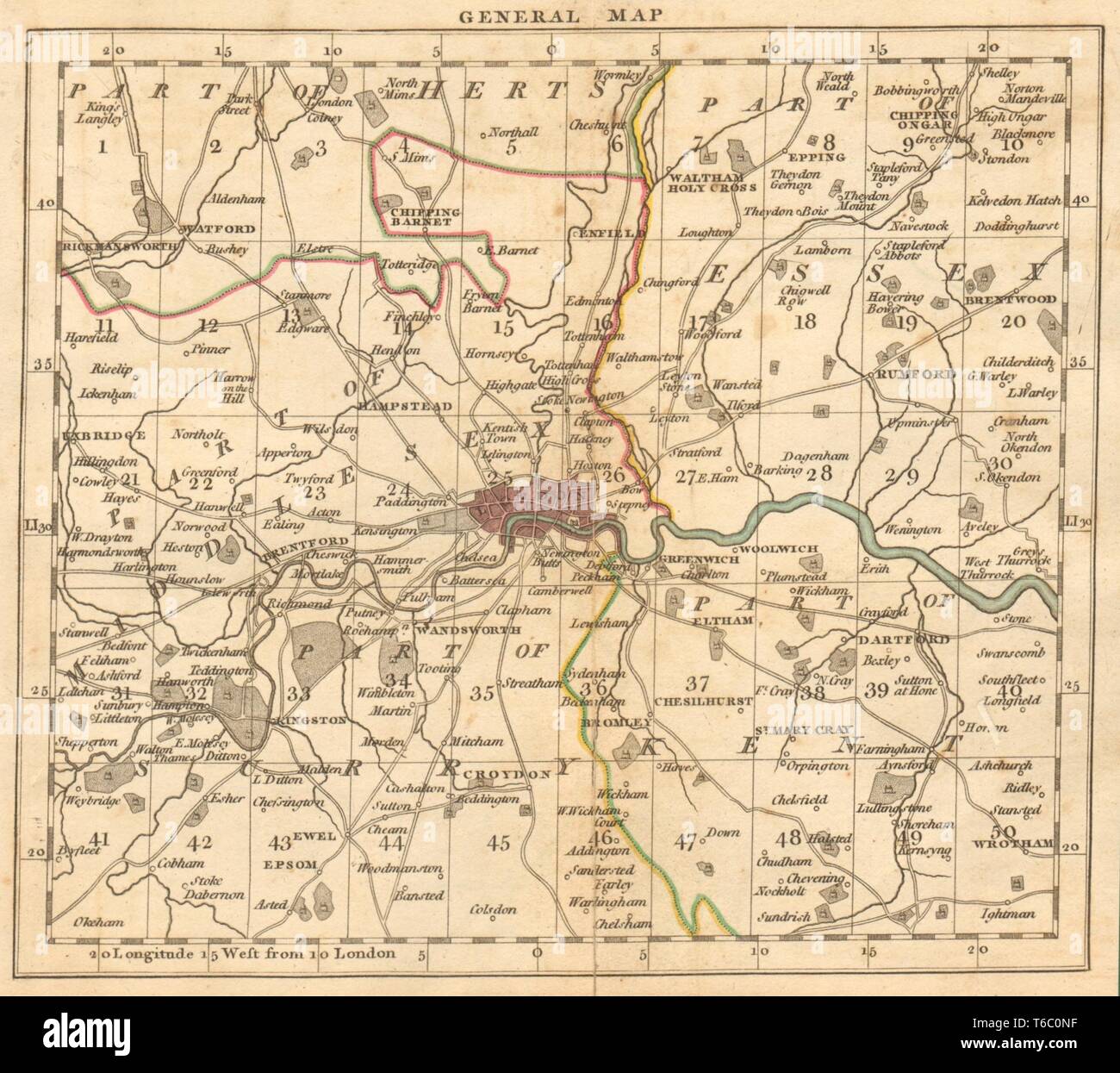 LONDON. 15 miles around London. General index map. Cary. 1811 old ...