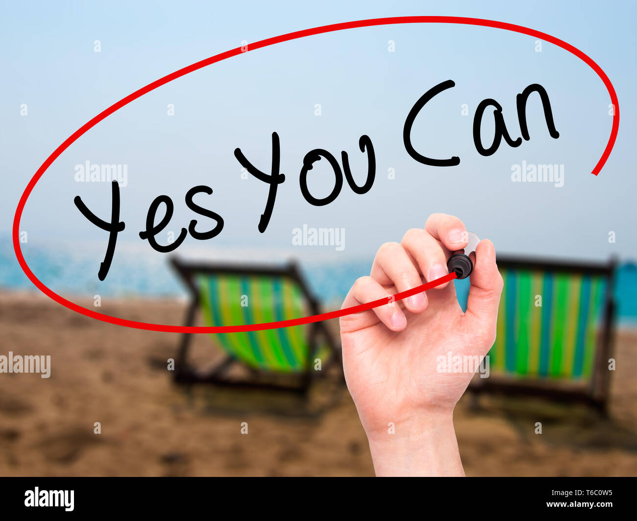 Man Hand writing Yes You Can with black marker on visual screen Stock ...