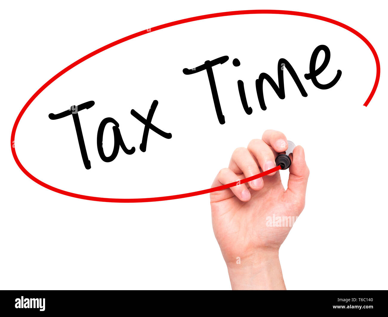 Man Hand writing Tax Time with marker on transparent wipe board Stock ...