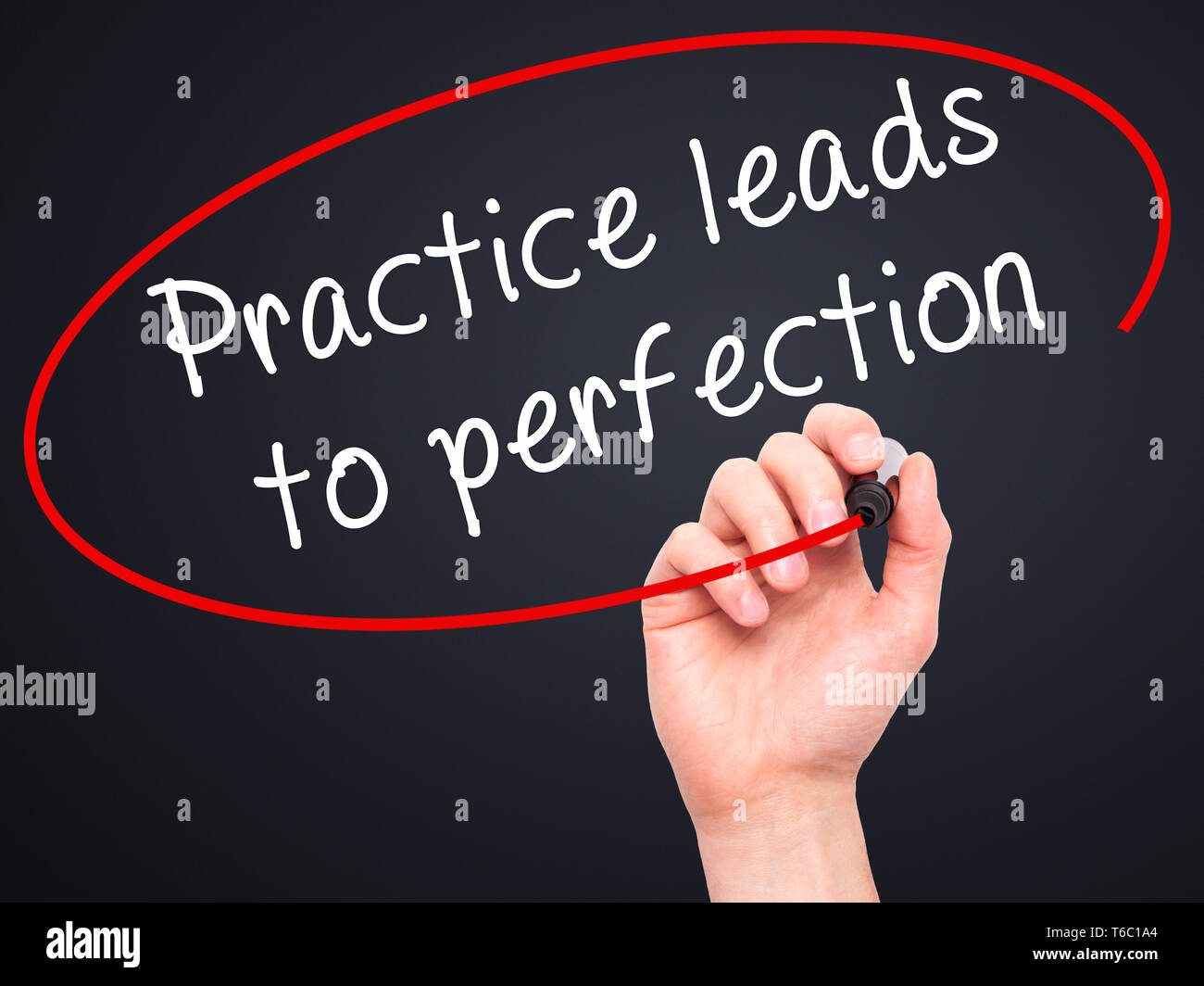 Man Hand writing Practice leads to perfection with black marker on ...