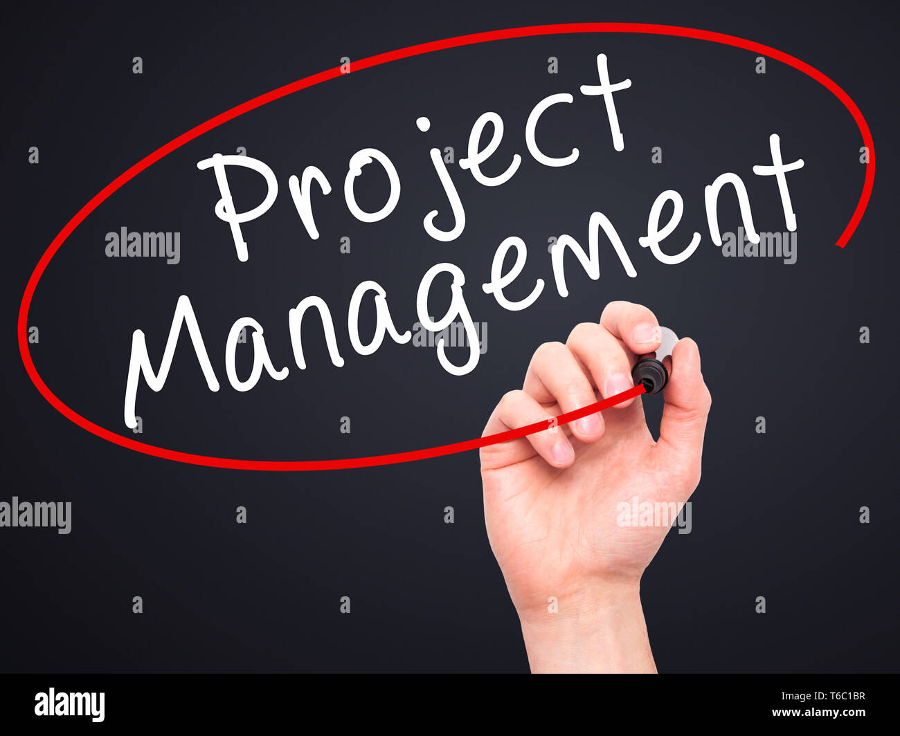 Man Hand writing Project Management with marker on transparent wipe ...