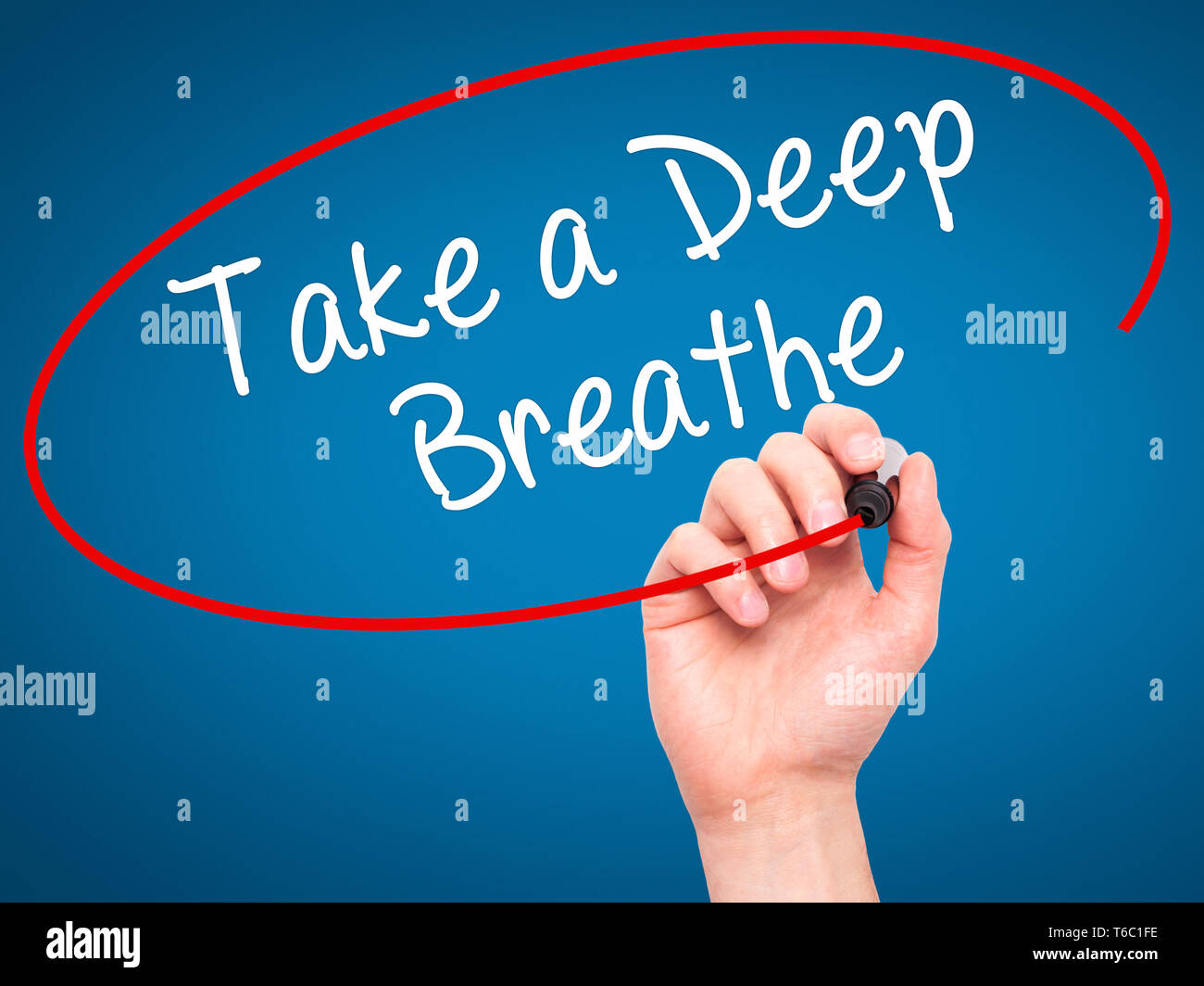Man Hand writing Take a Deep Breathe with black marker on visual screen ...