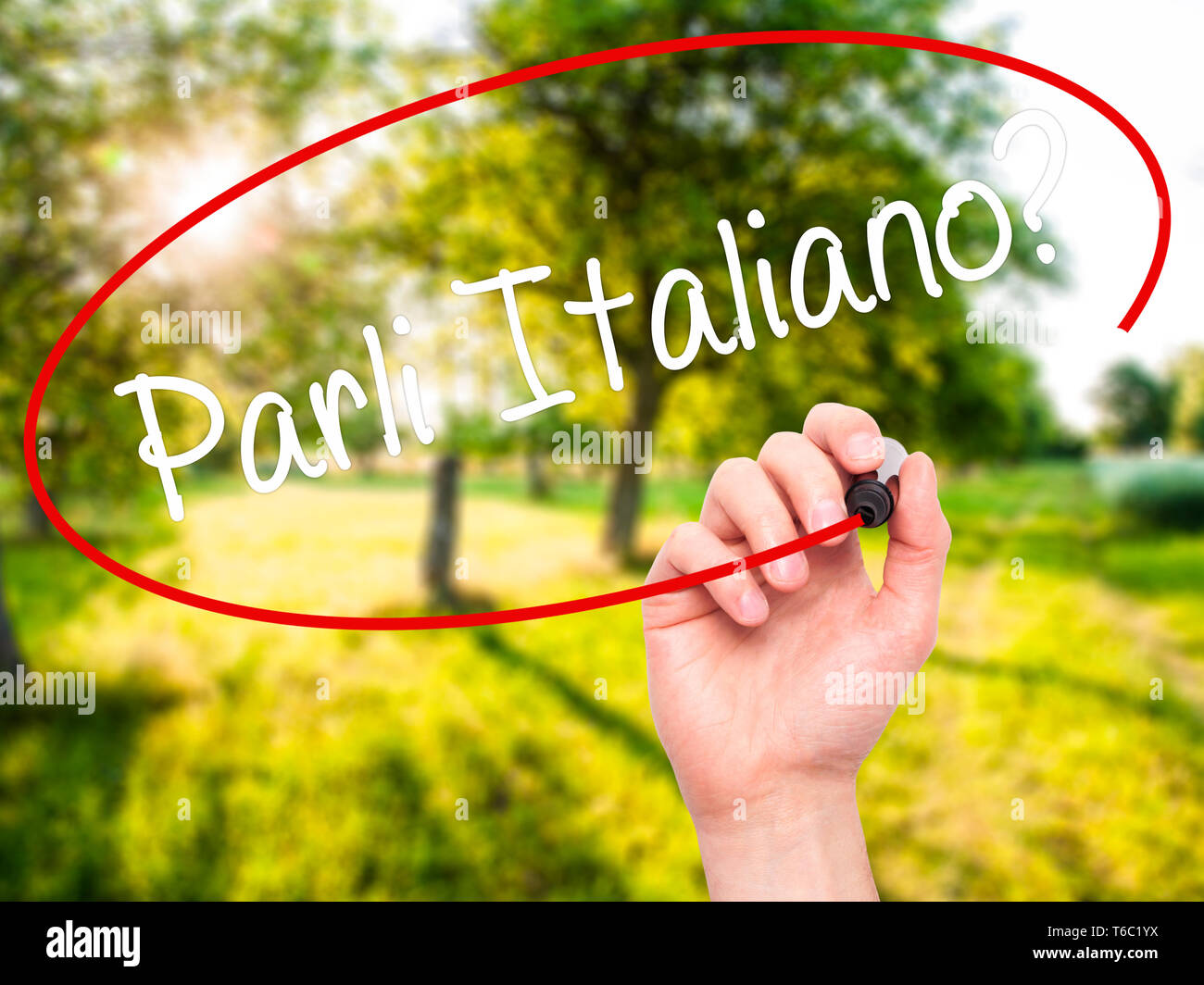 Man Hand writing Parli Italiano? with black marker on visual screen ...