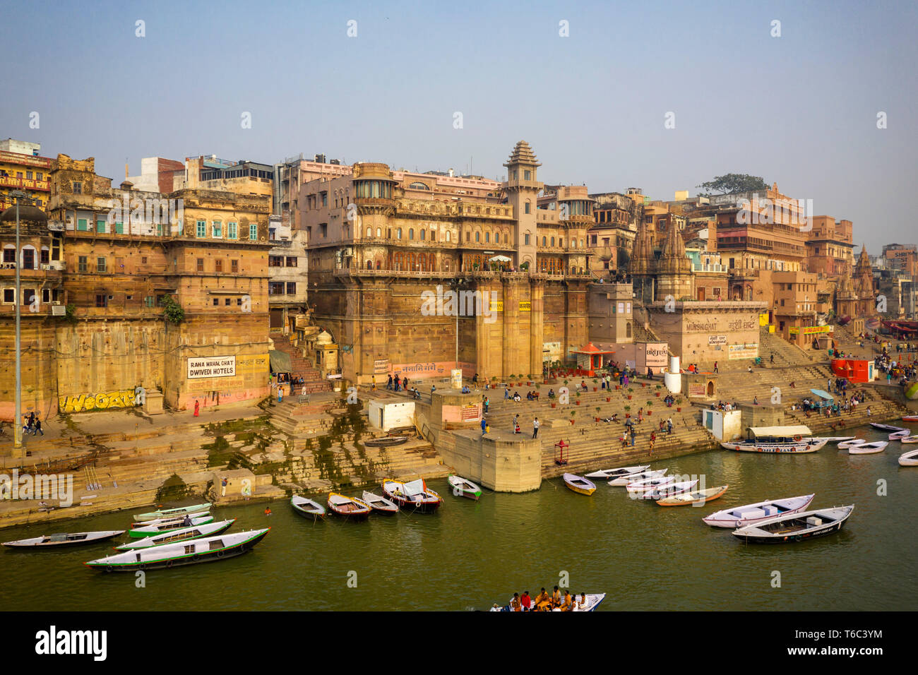 India, Uttar Pradesh, Varanasi, Gange River and Historic Ghats Stock ...