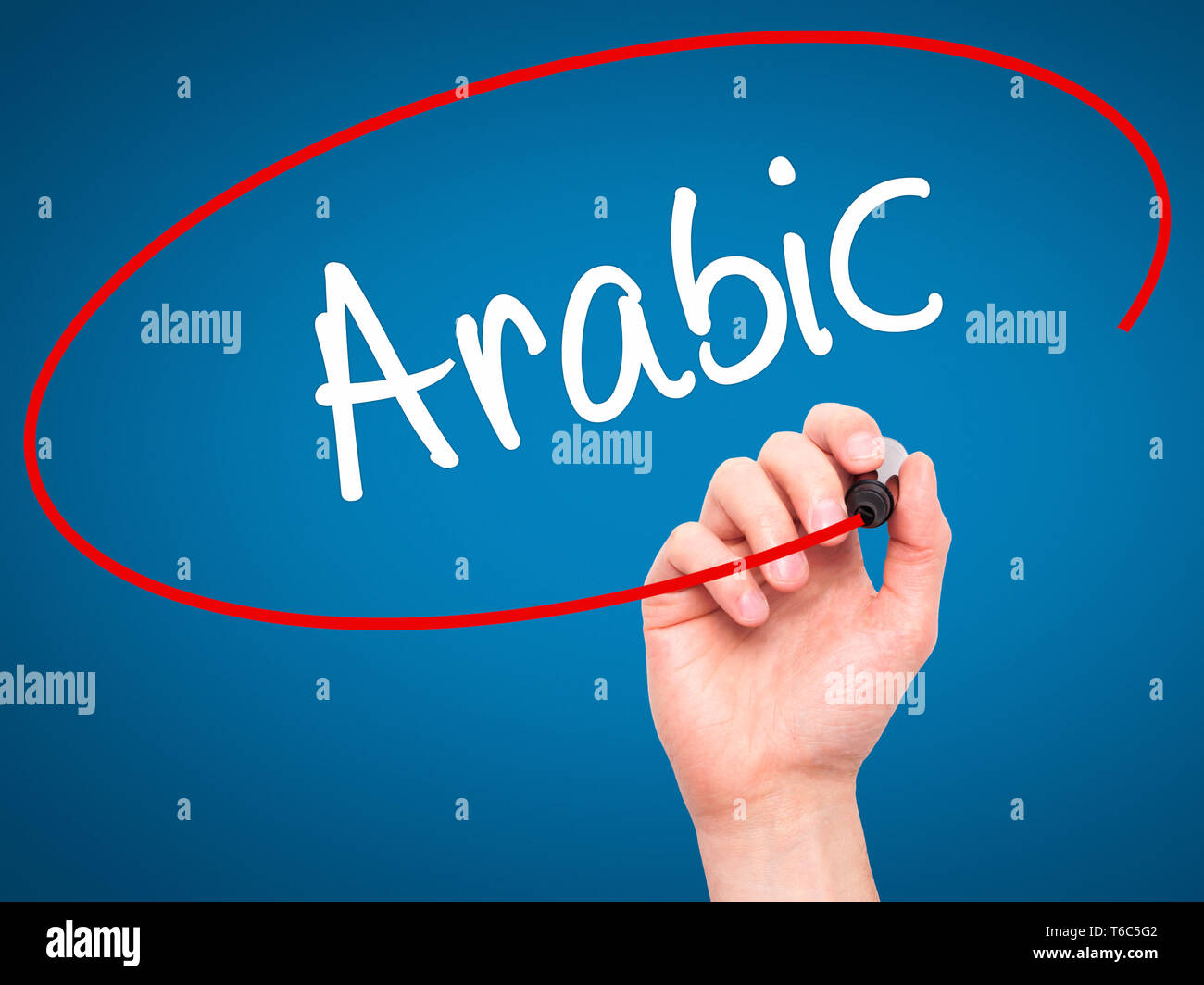 Man Hand writing Arabic with black marker on visual screen Stock Photo ...
