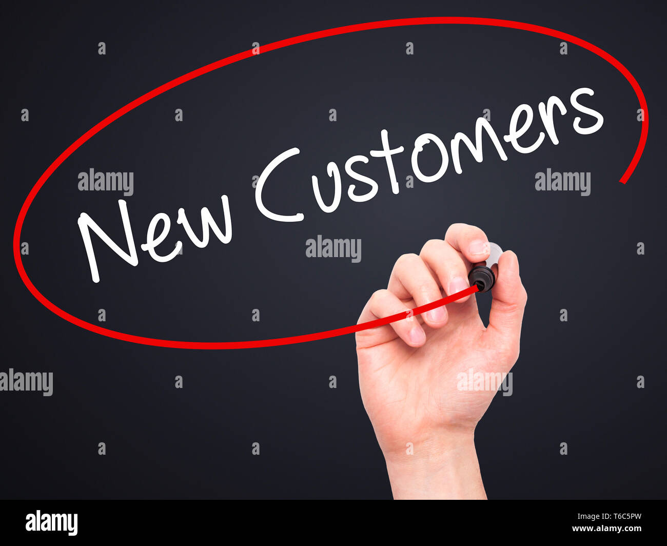 Man Hand writing New Customers with black marker on visual screen Stock ...