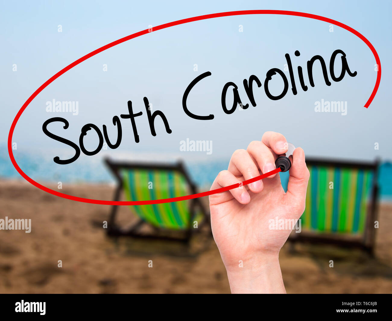 Man Hand writing South Carolina with black marker on visual screen ...