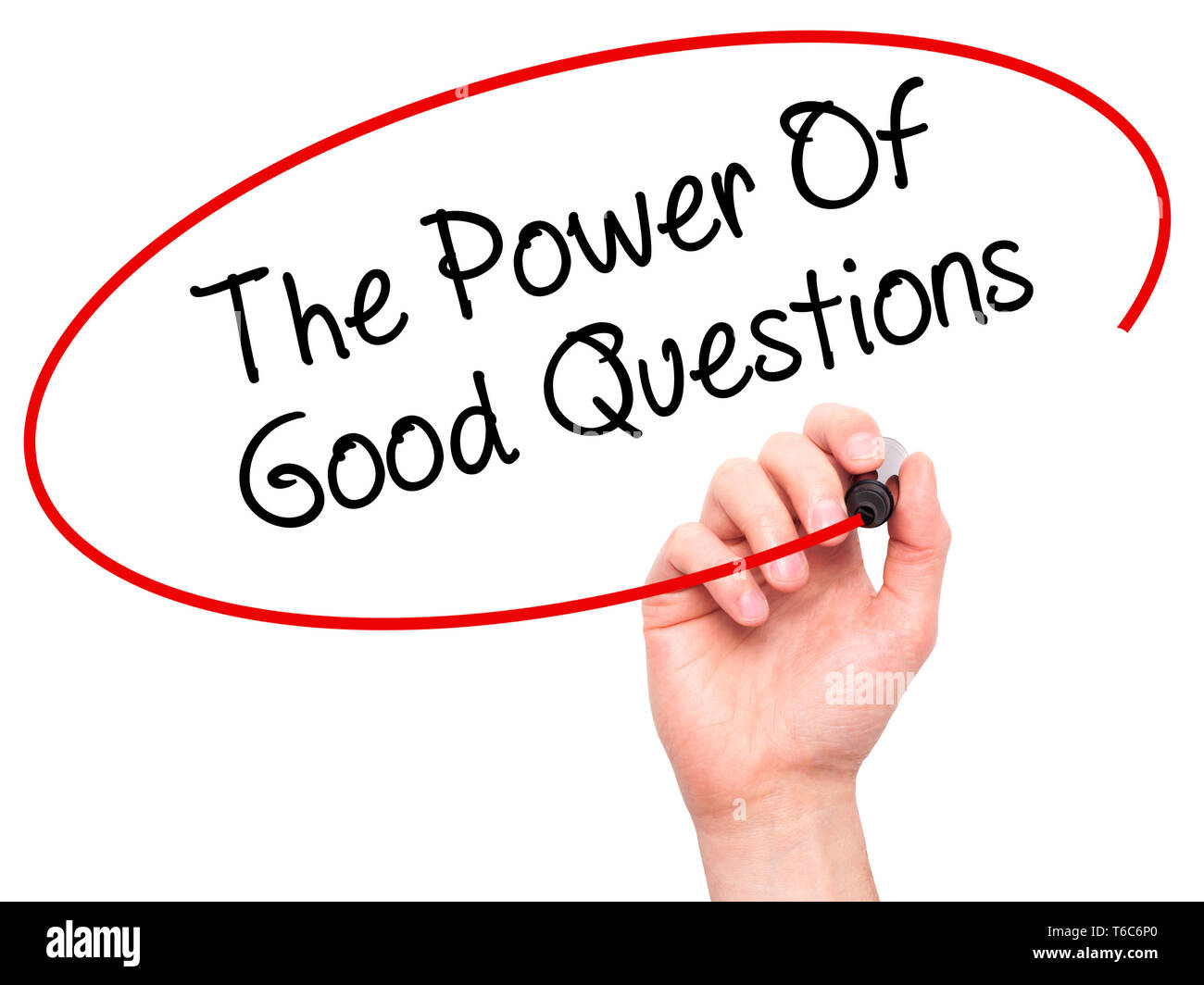Man Hand writing The Power Of Good Questions with black marker on ...