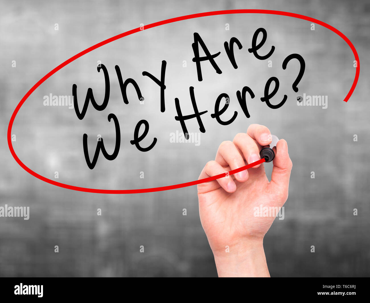 Man Hand writing Why Are We Here black marker on visual screen Stock ...