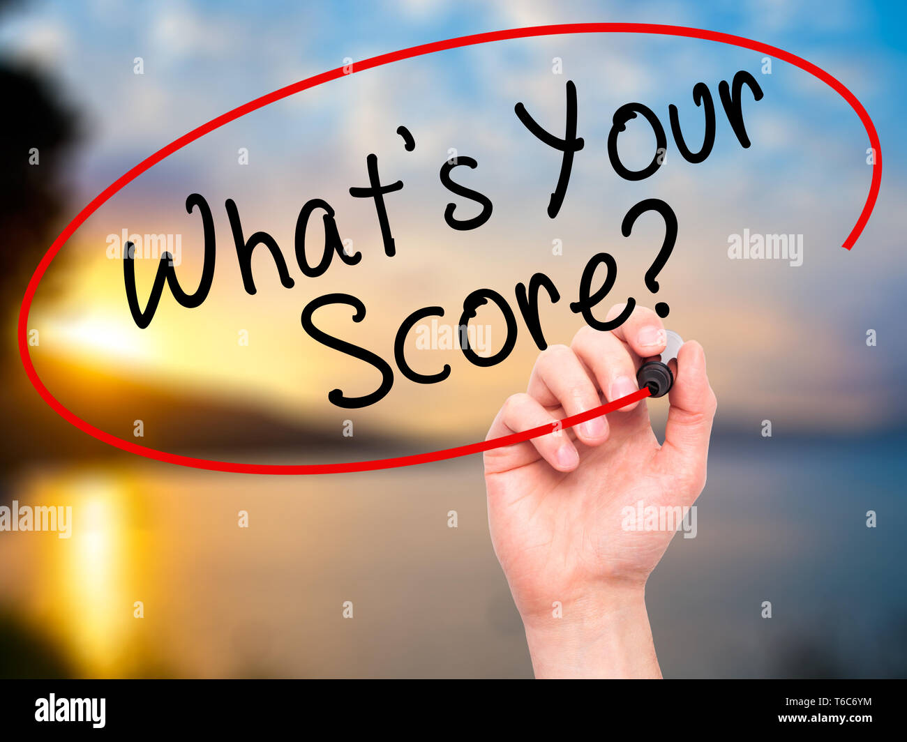 Man Hand writing What's your Score? with black marker on visual screen ...
