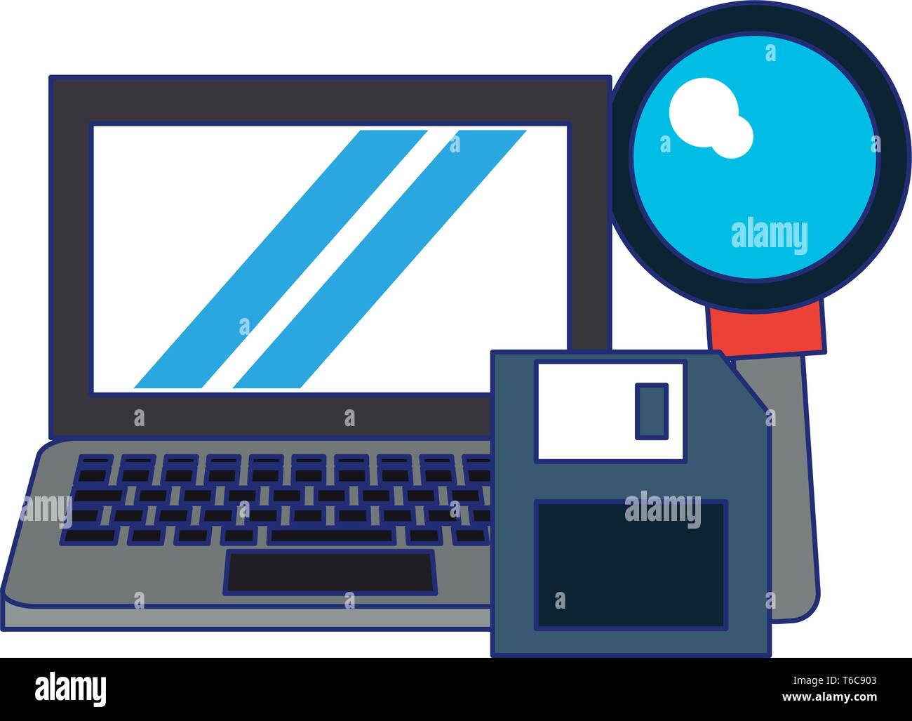 computer with magnifying glass and document blue lines Stock Vector ...