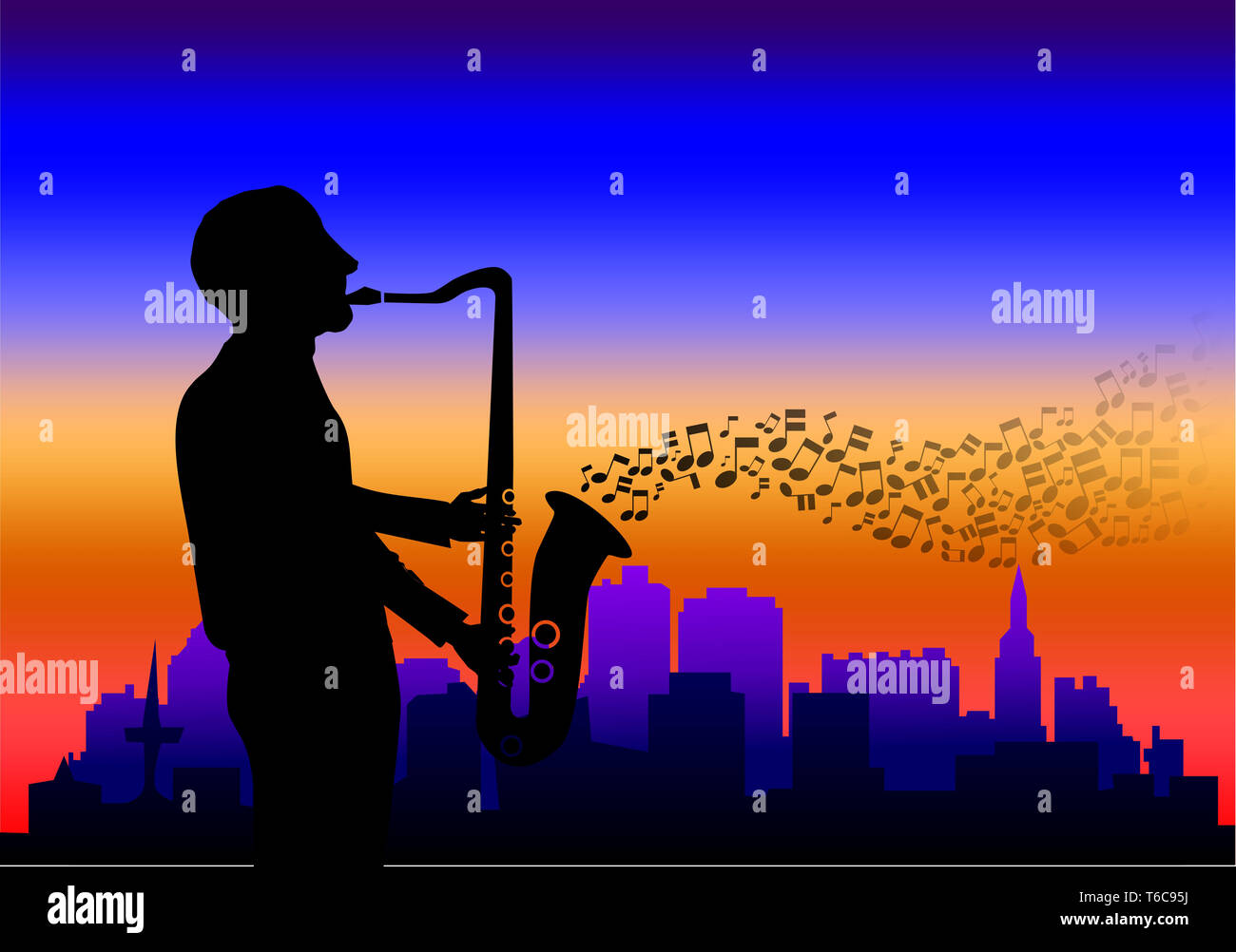 Illustration of a saxophone player with cityscape in the background ...