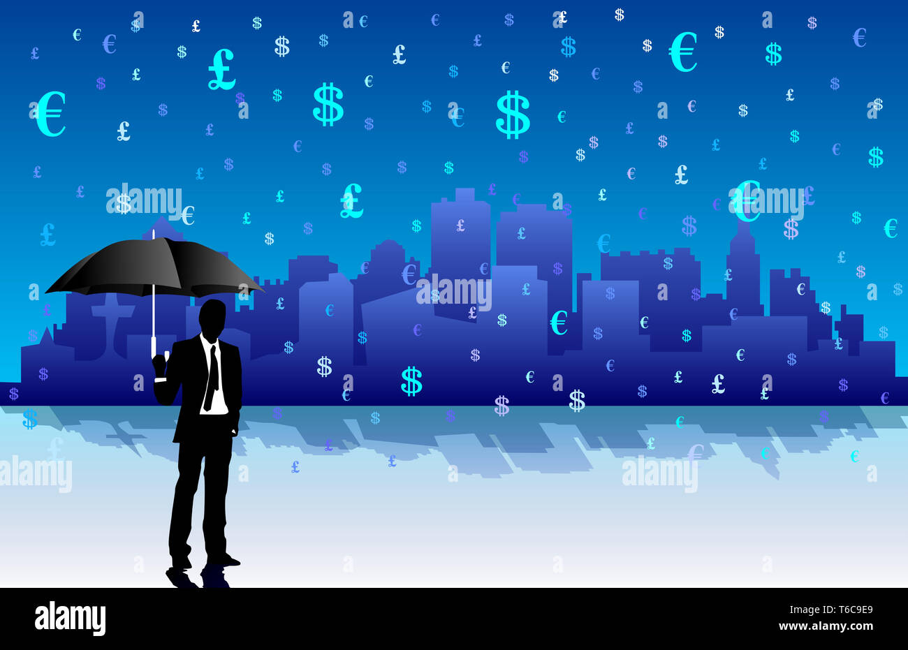 Illustration of a businessman with rain made from currency signs in the ...
