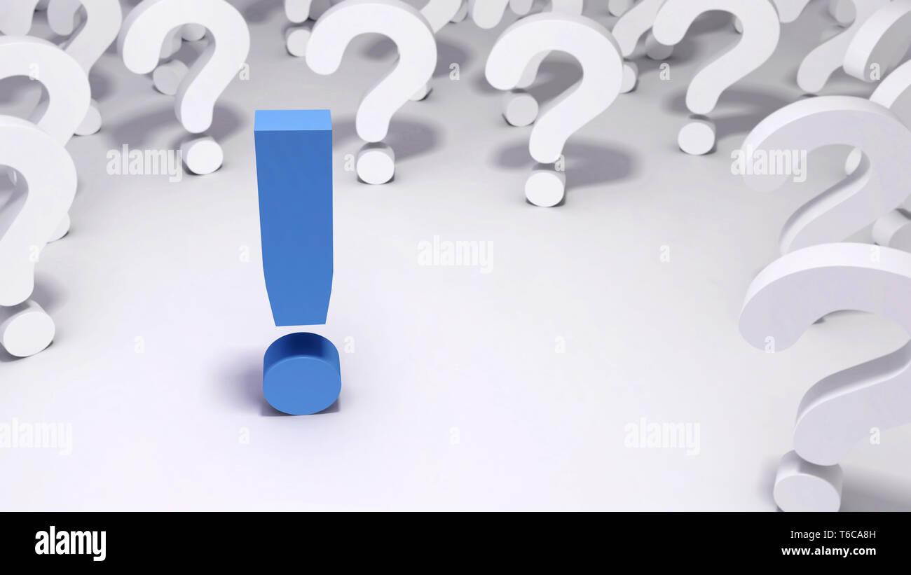 A blue exclamation mark surrounded by a group of white question marks ...