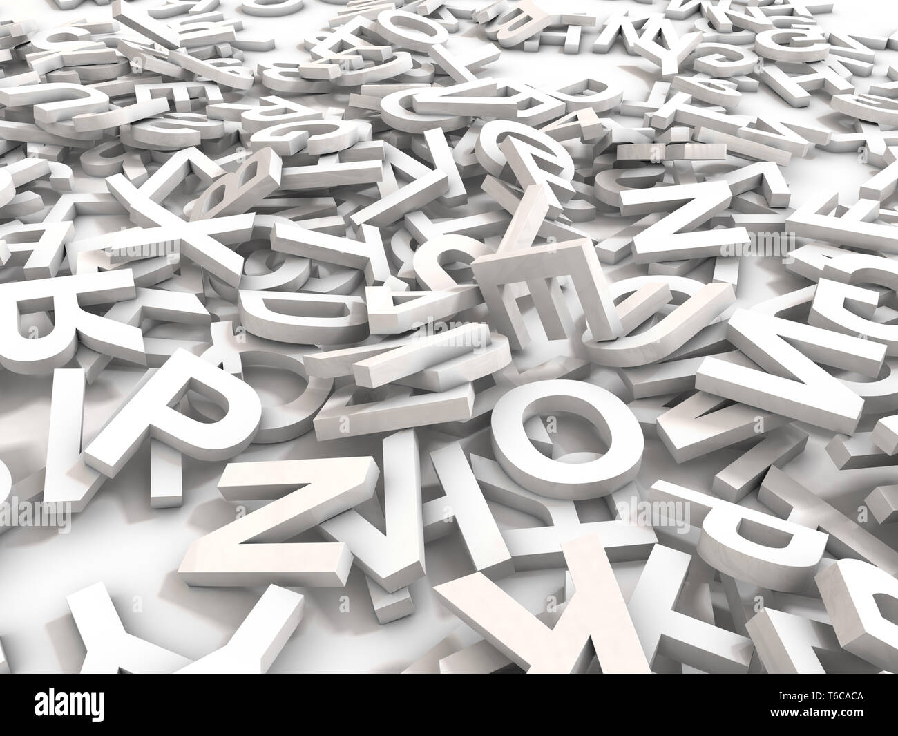 A jumbled pile of 3D illustrated white uppercase letters over a white ...