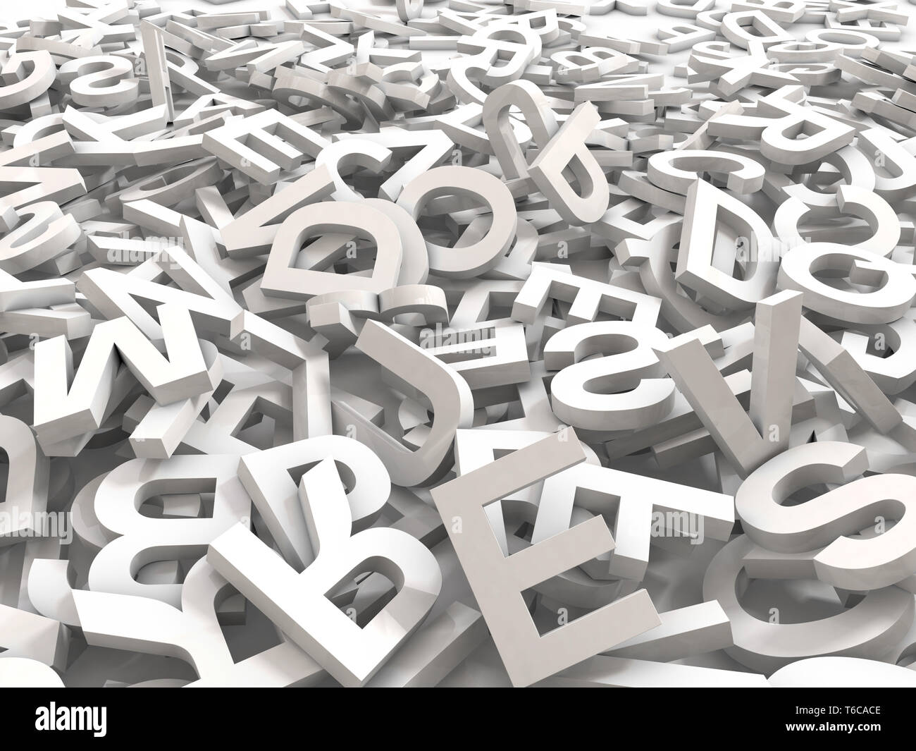 A jumbled pile of 3D illustrated white uppercase letters over a white ...
