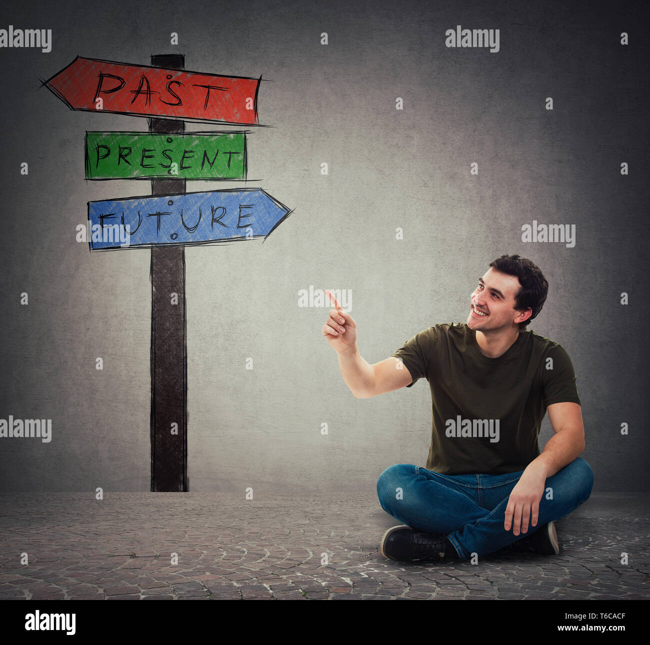 Young man sitting on the floor pointing forefinger at signpost arrows ...