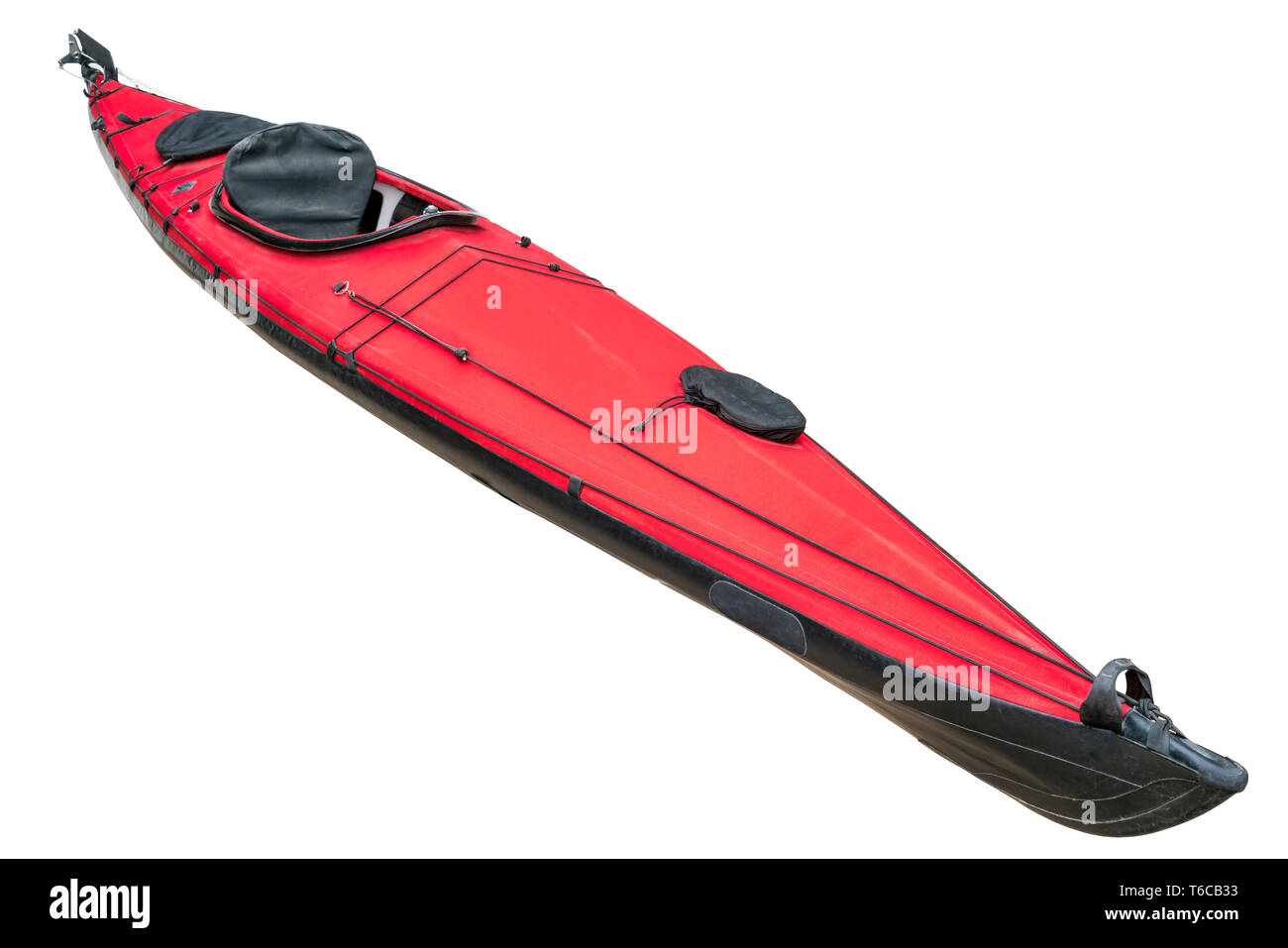 folding expedition sea kayak with a red deck and rudder isolated on ...