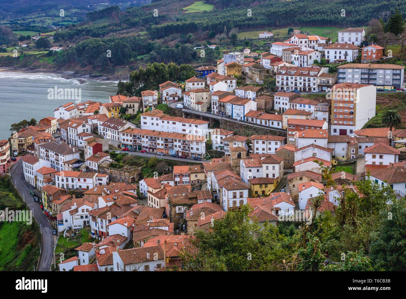 Aerial view of Llastres village in Colunga municipality, within ...