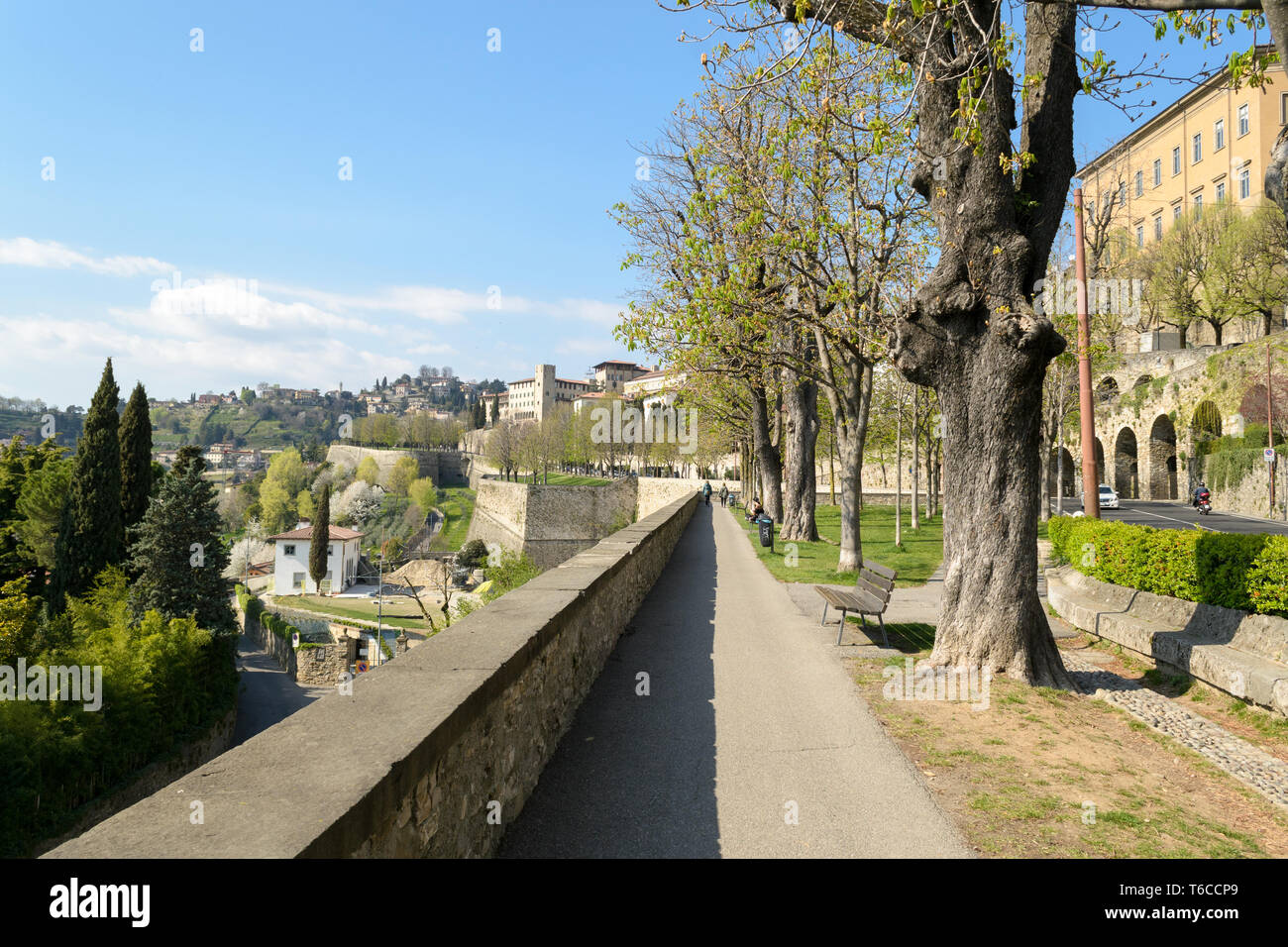 The old city walls of Bergamo Alta, the upper town, recently renowed ...