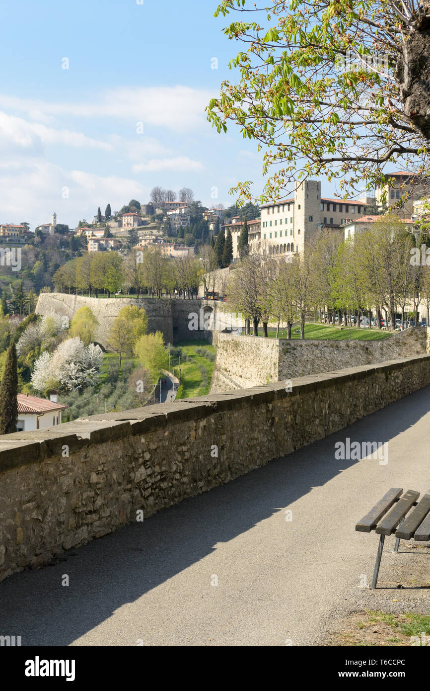 The old city walls of Bergamo Alta, the upper town, recently renowed ...
