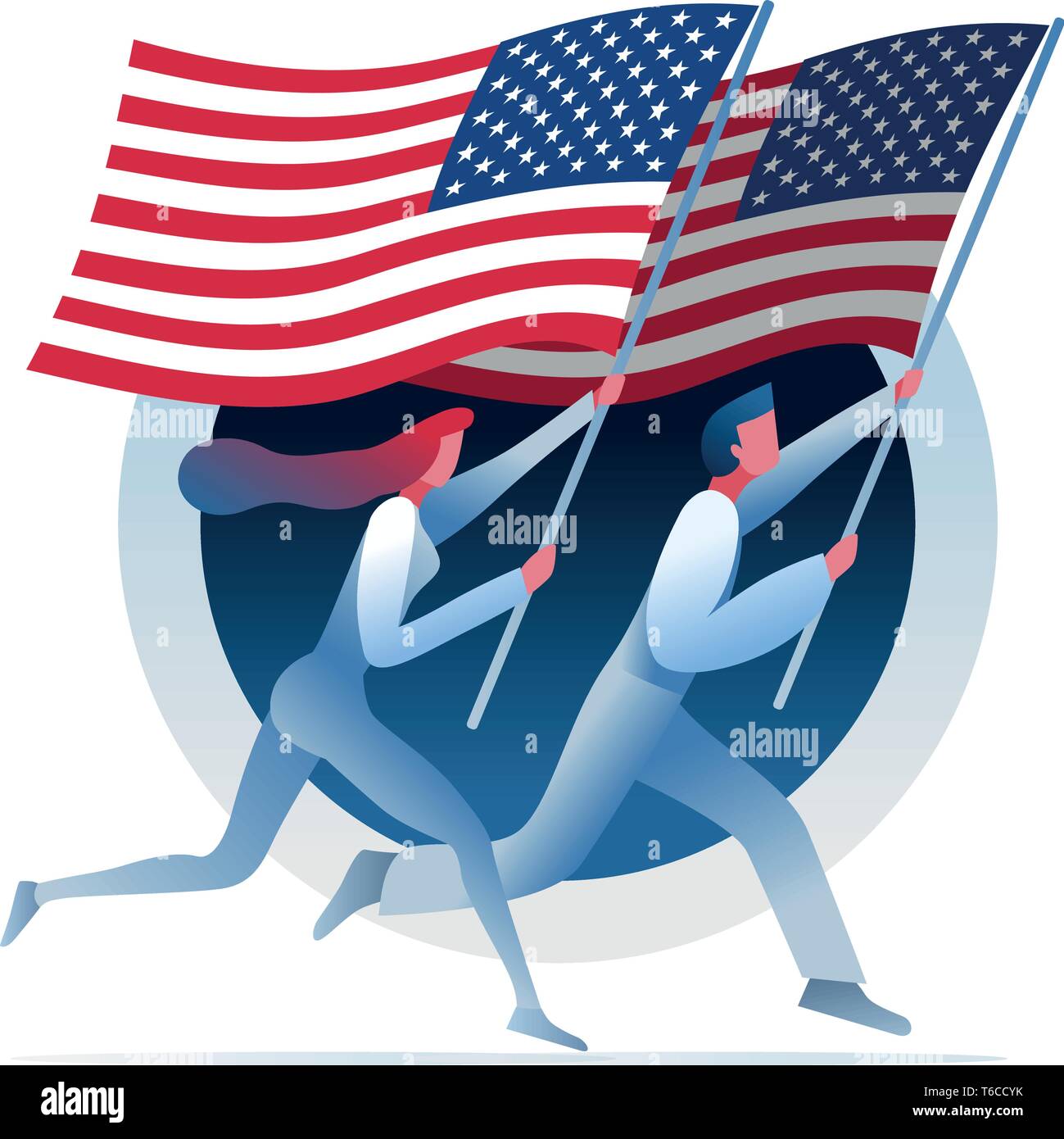 Man and woman are running with USA flags. Vector concept illustration ...