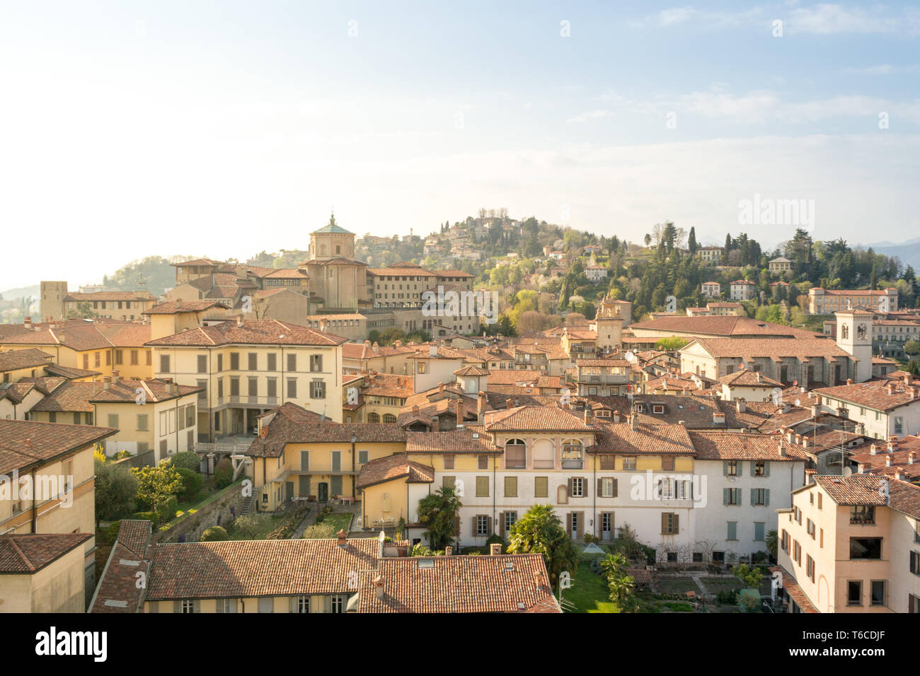 Panoramic aerial view of Bergamo Alta, the upper city. It is a medieval ...