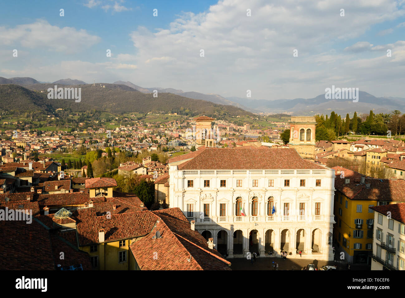Panoramic aerial view of Bergamo Alta, the upper city. It is a medieval ...