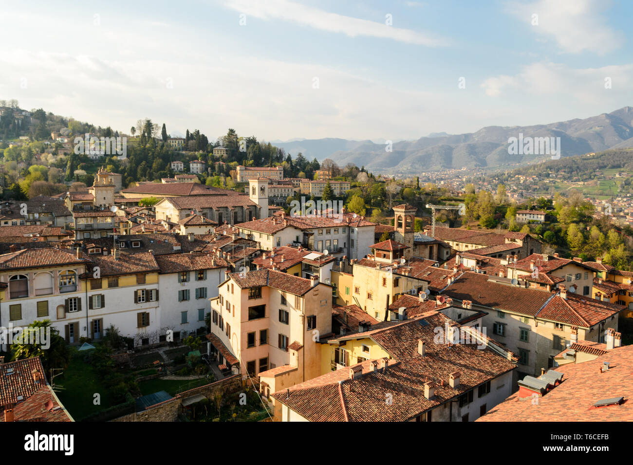 Panoramic aerial view of Bergamo Alta, the upper city. It is a medieval ...