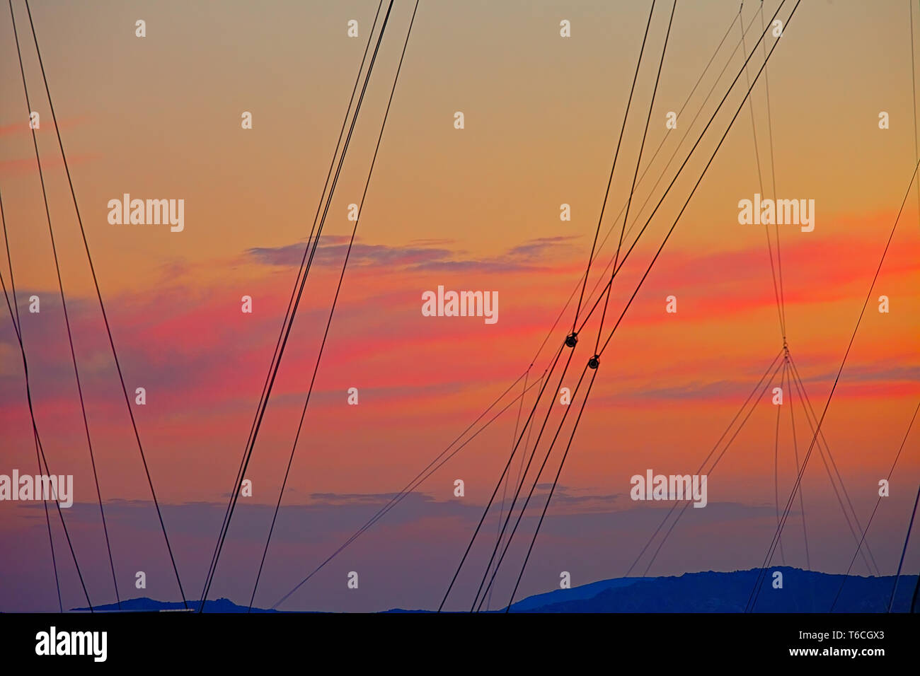 Silhouette sailing boat mast ropes isolated at the golden hour Stock ...