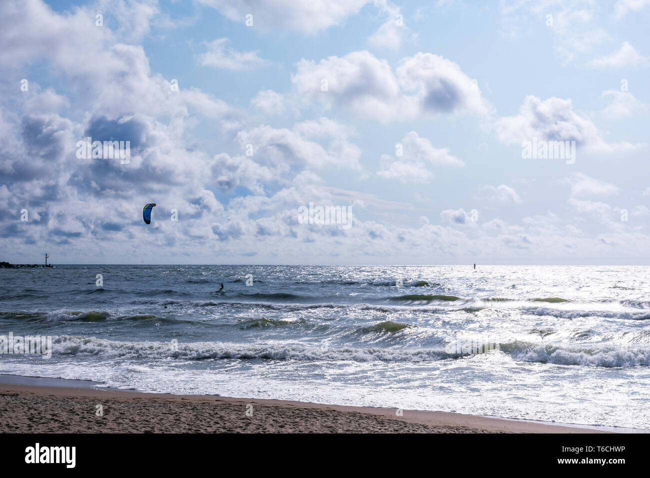 Empty beach, waves and dramatic sky at the Baltic sea shore line, Lithuania, Klaipeda Stock ...