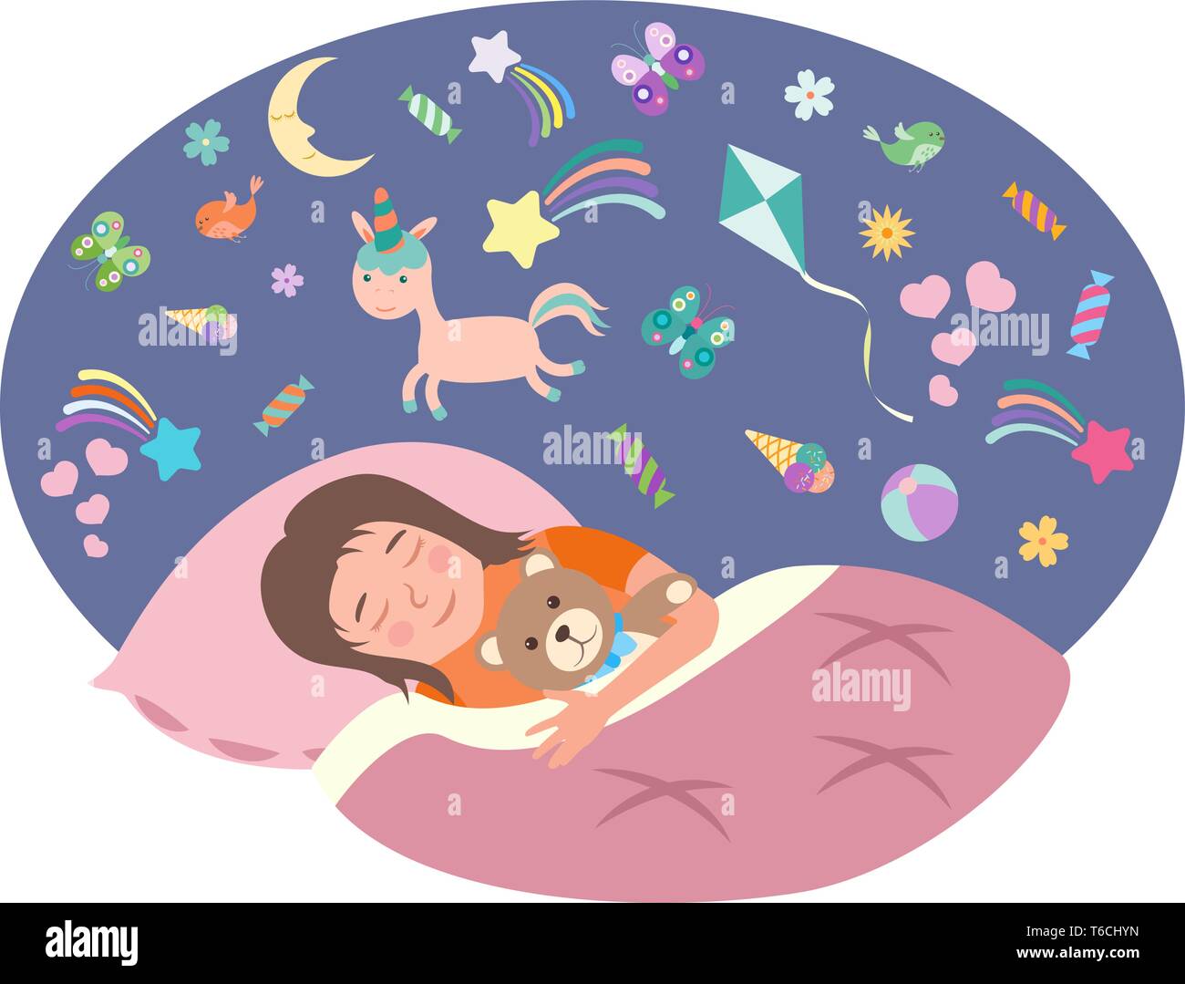 The little girl is sleeping. Children s dreams concept. Vector ...